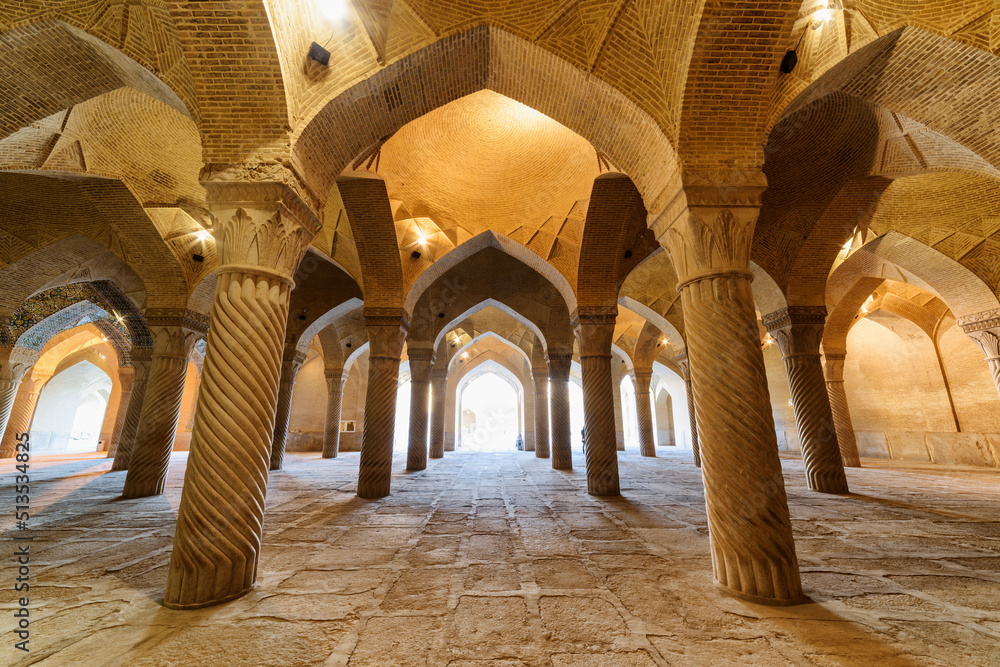 Awesome hypostyle hall in the Vakil Mosque in Shiraz, Iran Stock Photo ...