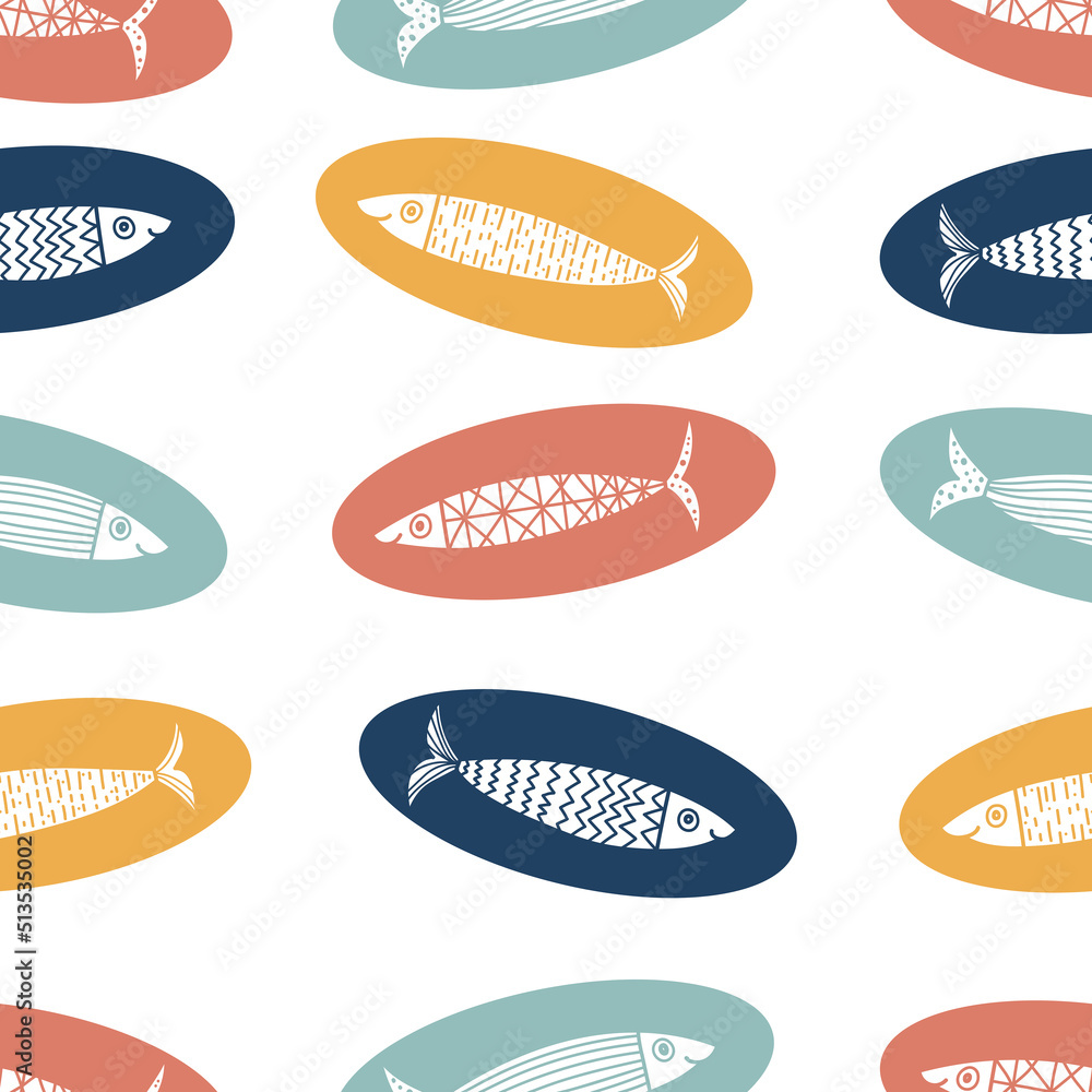 sardines and stones. Kids background. Seamless pattern. Can be used in ...