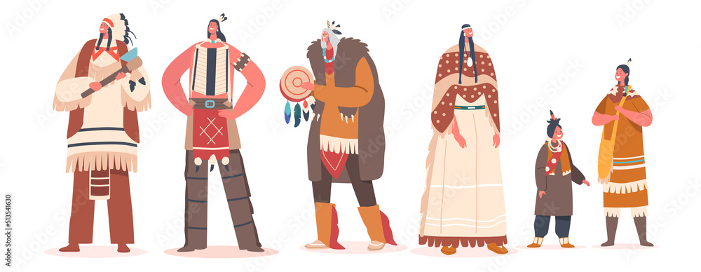 Set of Indian American Indigenous Characters. Warrior, Men, Women and ...