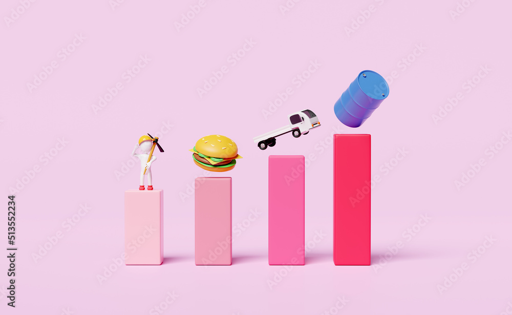 3d bar graph with food, oil barrel, delivery truck, wage icon isolated ...