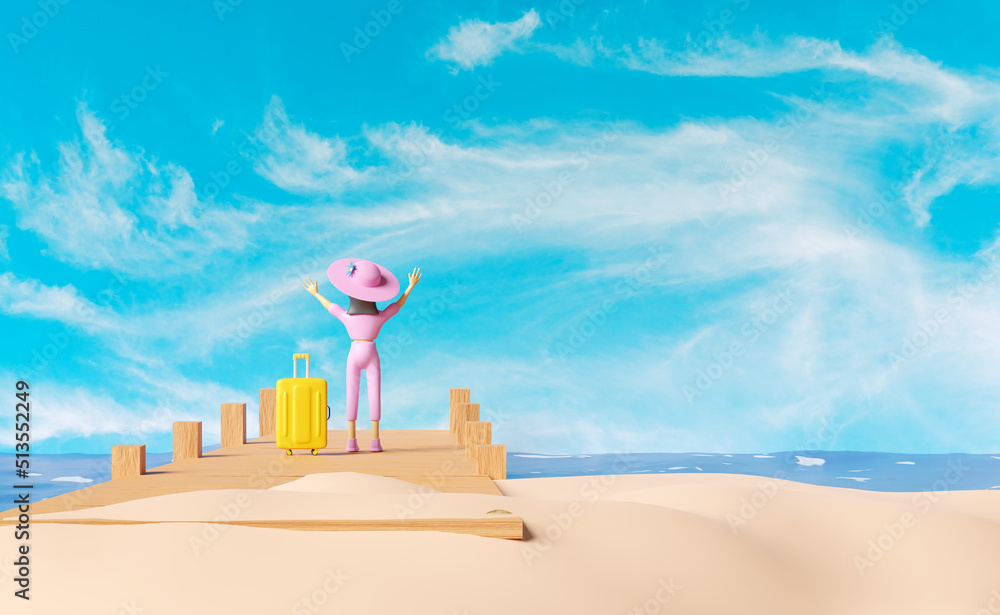 wooden bridge leading into the sea on a bright day with 3d character ...