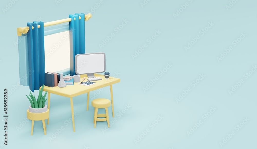 3d Rendering of work space table with window and copy space on ...