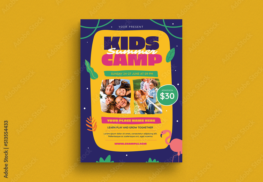 Blue Jungle Summer Kids Camp Event Flyer Layout Stock Template | Adobe ...