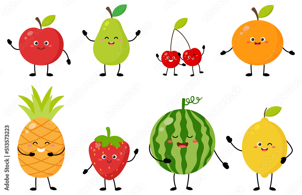 Cartoon set of cheerful cute fruits characters with different poses and ...