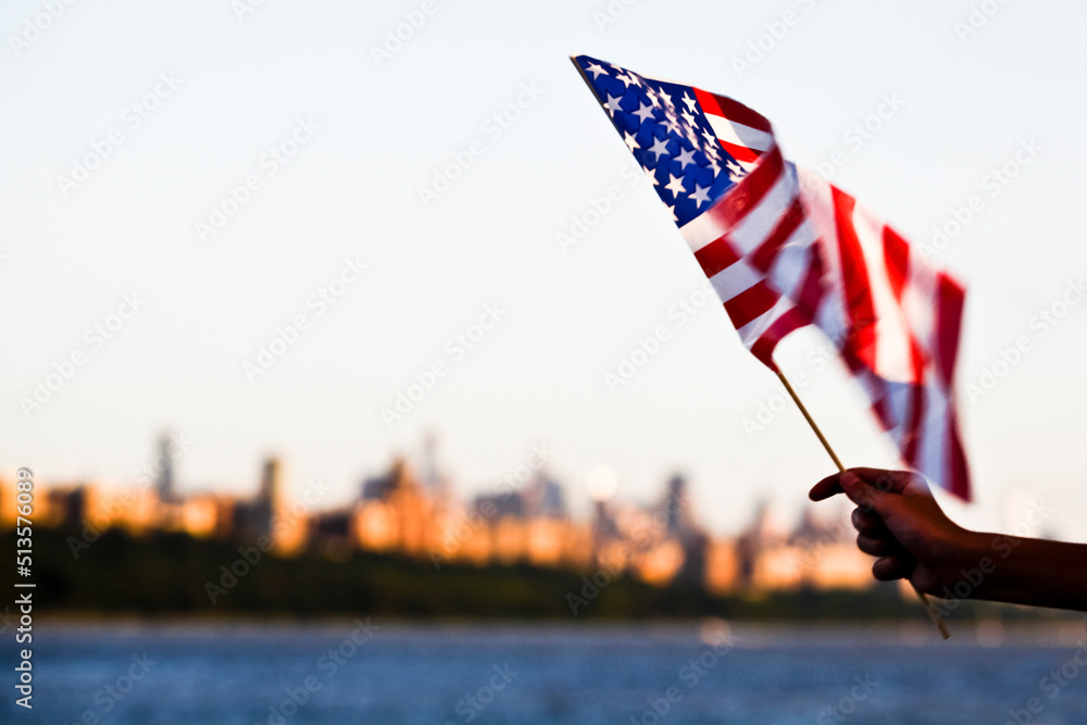American flag during Independence Day on the Hudson River with a view ...