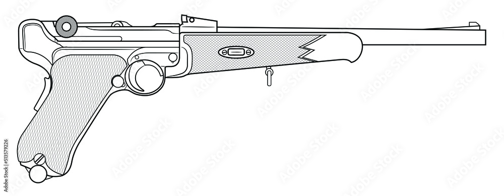 Vector illustration of the P08 Luger german automatic pistol with long ...