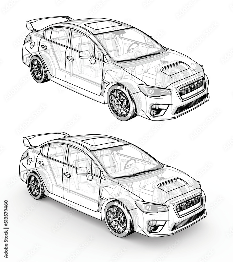 Car sketch. Black contour sketch detailed car isolated on white ...