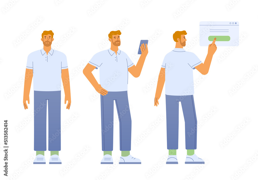 Vector illustration of a male character. Poses front, side, back. A man ...