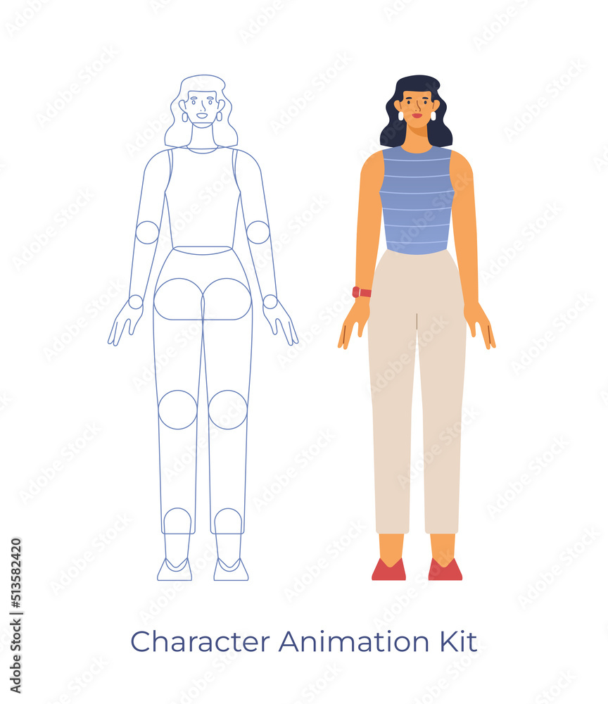Vector illustration of a female character. Body parts for animation. A ...