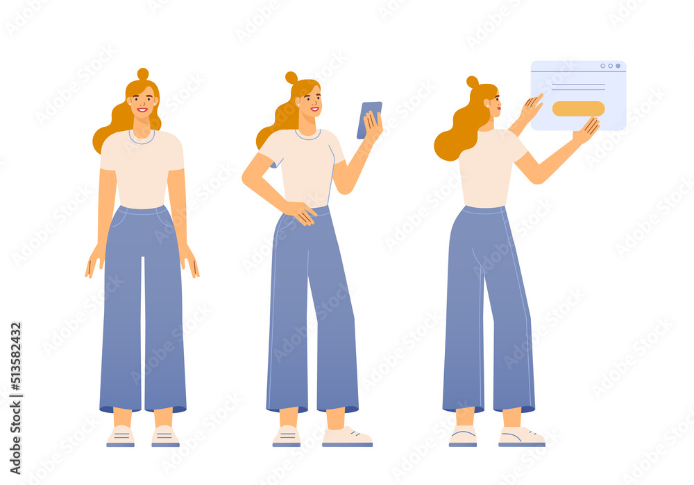 Vector illustration of a female character. Poses front, side, back. A ...
