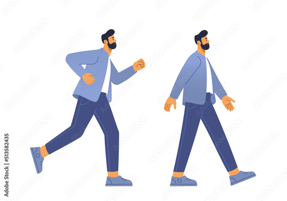 Vector illustration of a male character. Side running and walking poses ...