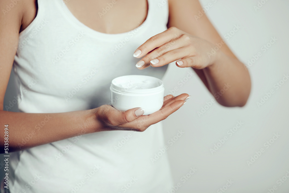 .Skin Care Concept. Beautiful Woman With Hand Cream, Lotion On Her ...