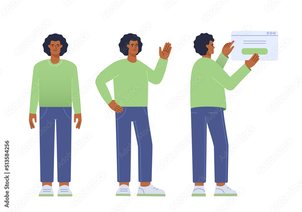 Vector illustration of a male character. Poses front, side, back. A man ...