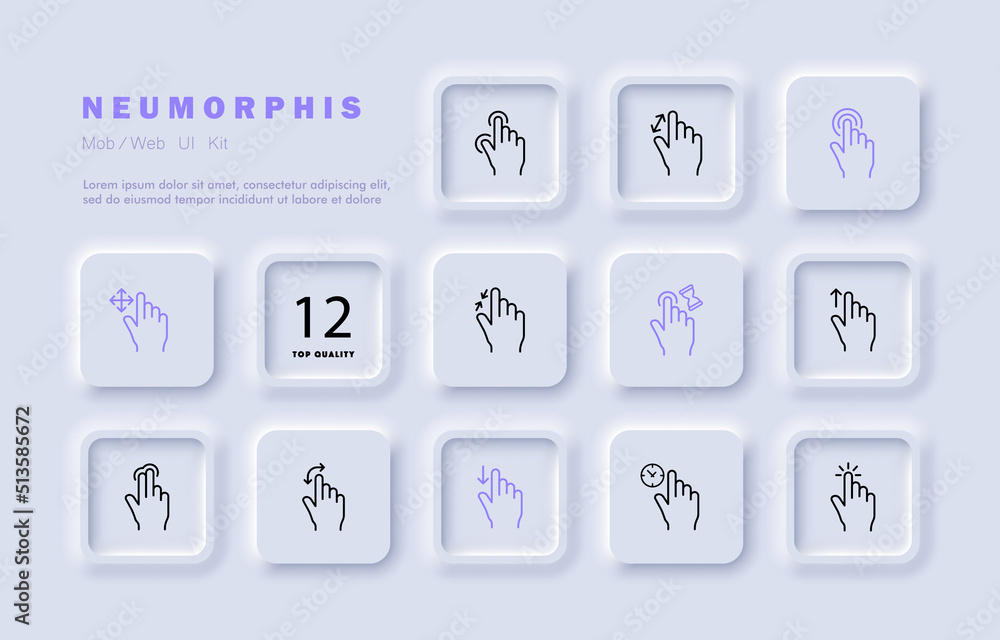 Touch control set icon. Hand gestures, zoom in and out, swipe, tap ...