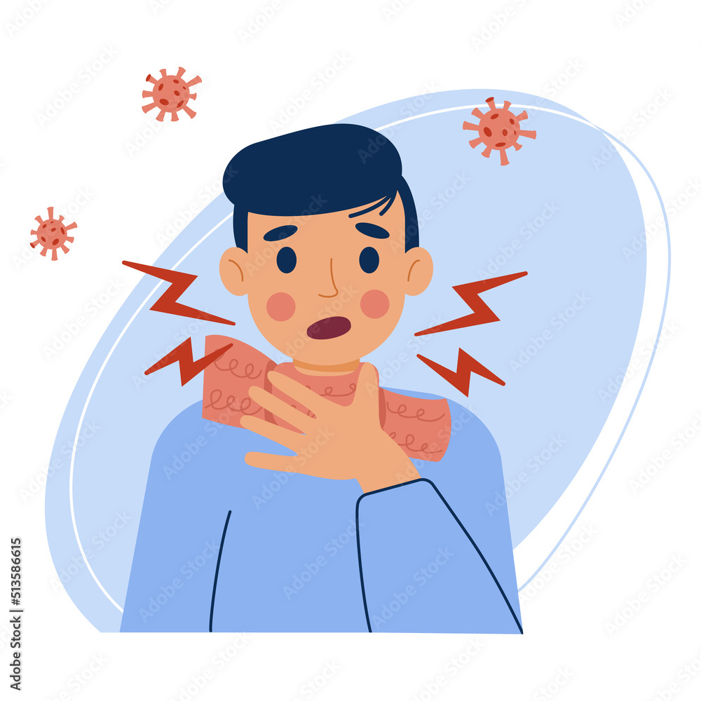 Man with sore throat. Sick Person in scarf he touches sore throat with ...