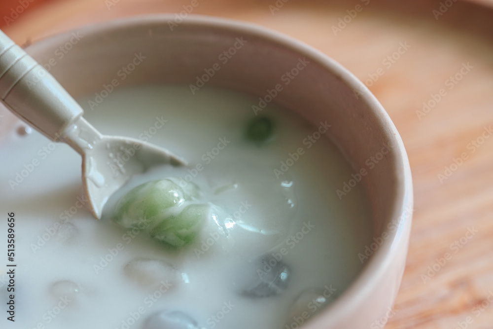 Thai sweetmeat with colorful ball flour. Thai glutinous rice balls in ...