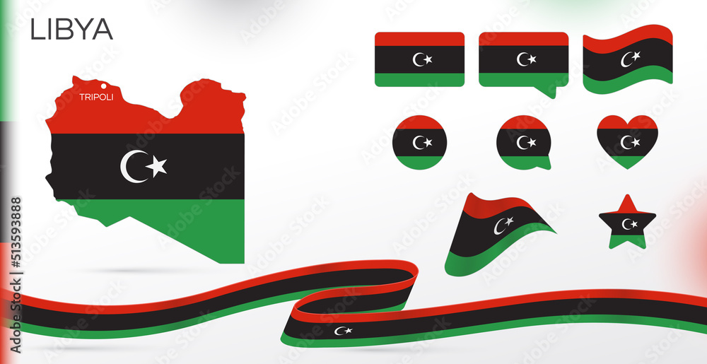 Libya flags set. Various designs. Map and capital city. World flags ...