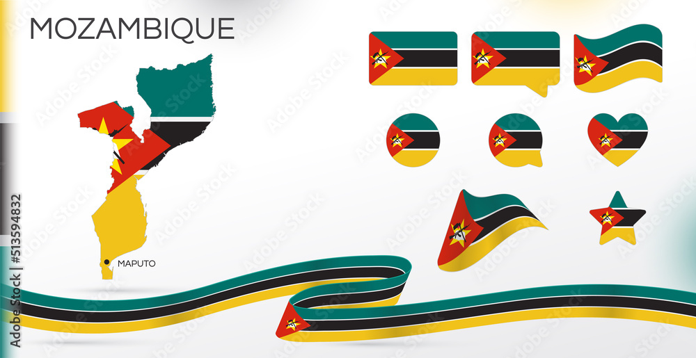Mozambique flags set. Various designs. Map and capital city. World flags. Vector set. Circle ...