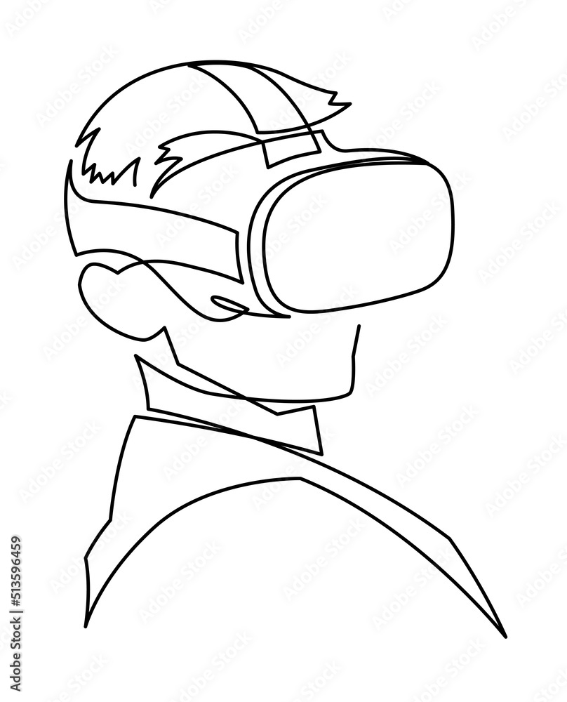 Virtual reality gaming continuous one line vector drawing. Man in VR ...