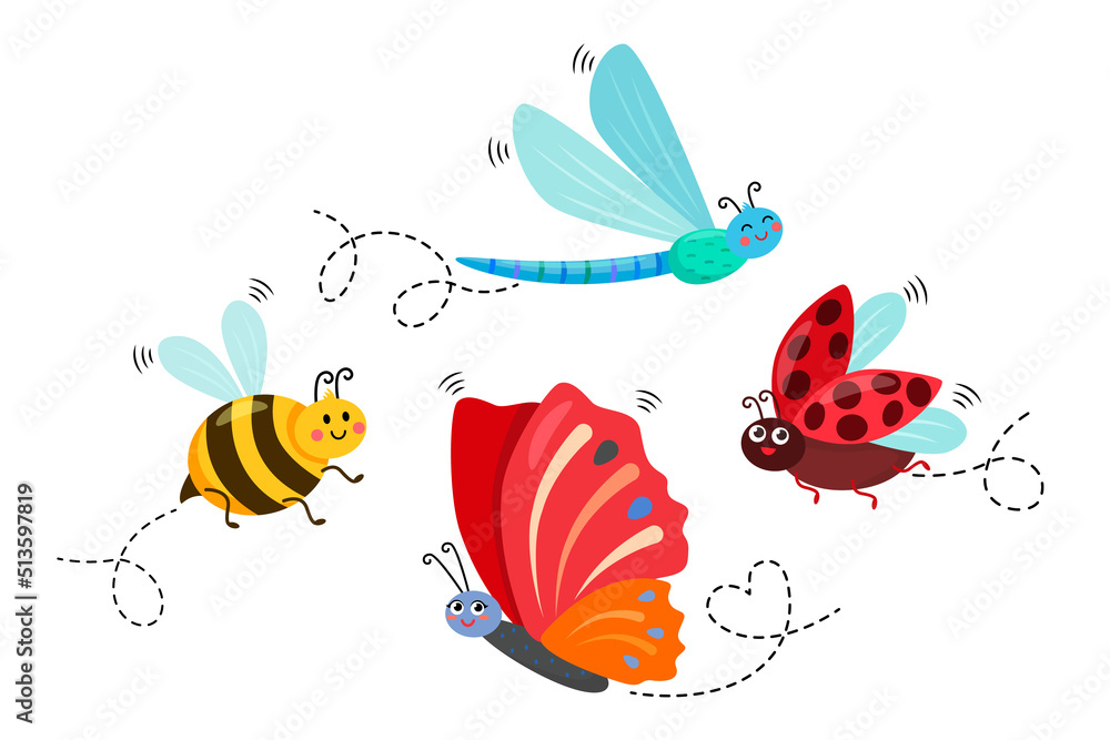 cute butterfly, bee, dragonfly and ladybug are flying and smiling. baby ...