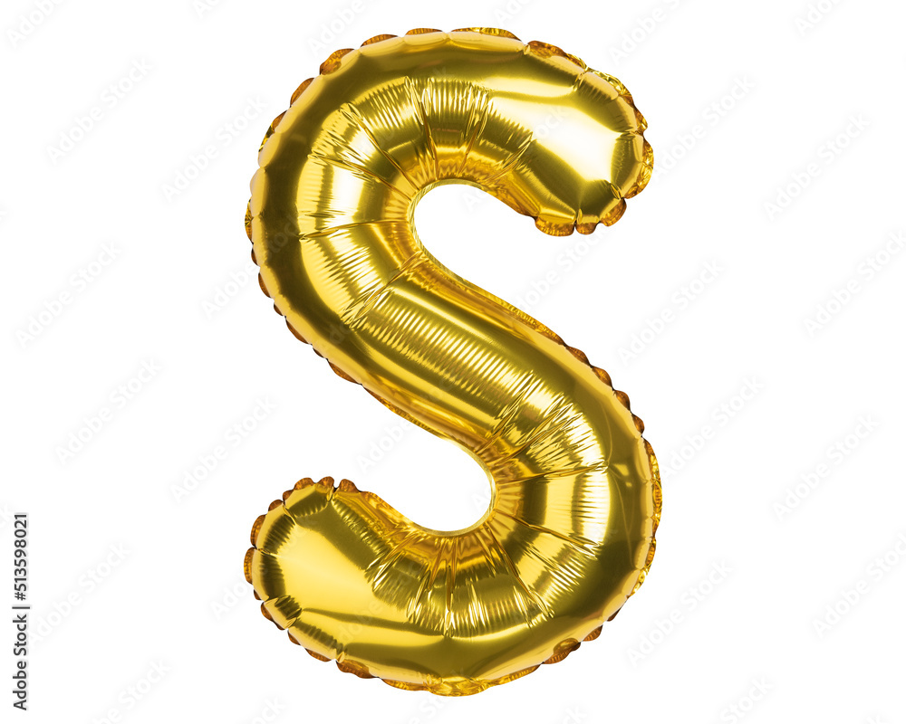 English Alphabet Letters. Letter S. Balloon. Yellow Gold foil helium ...