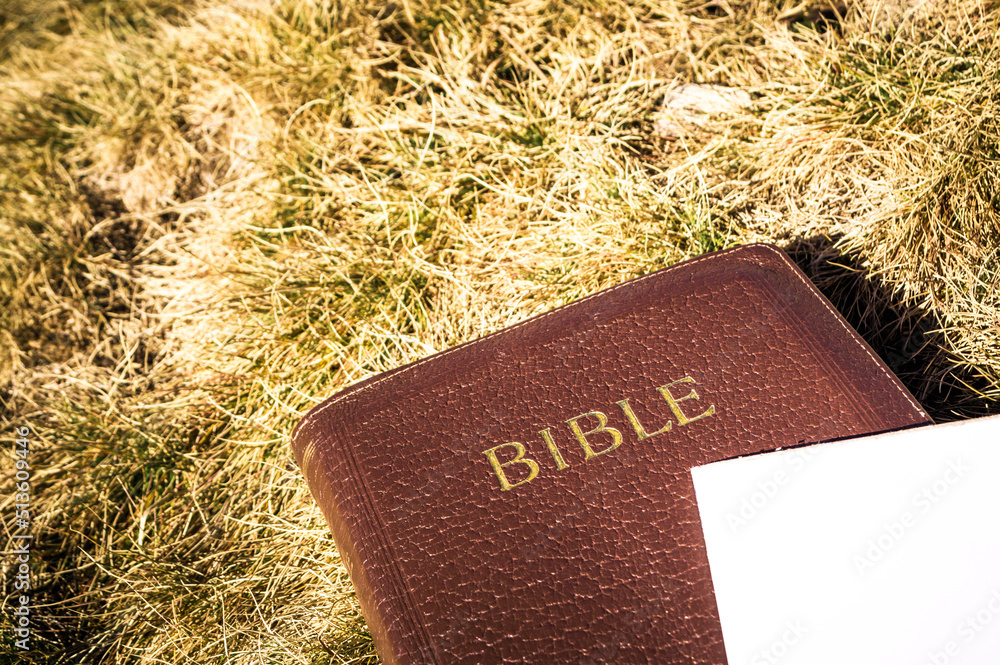 Outdoor Bible study during mountain hike in the fall. Bible, empty ...