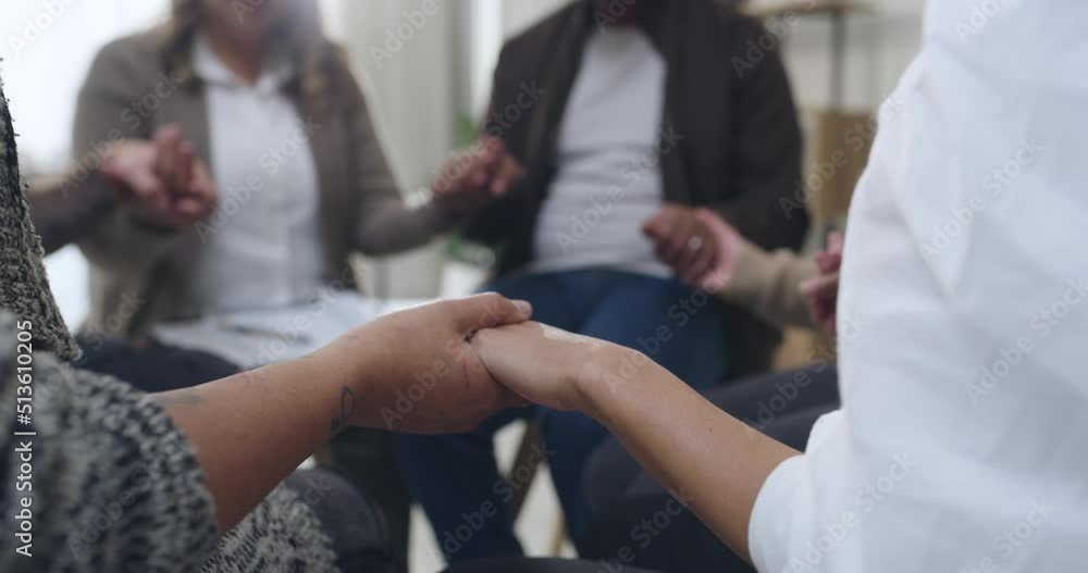 Mindful team people holding hands meditating therapy, diverse ...