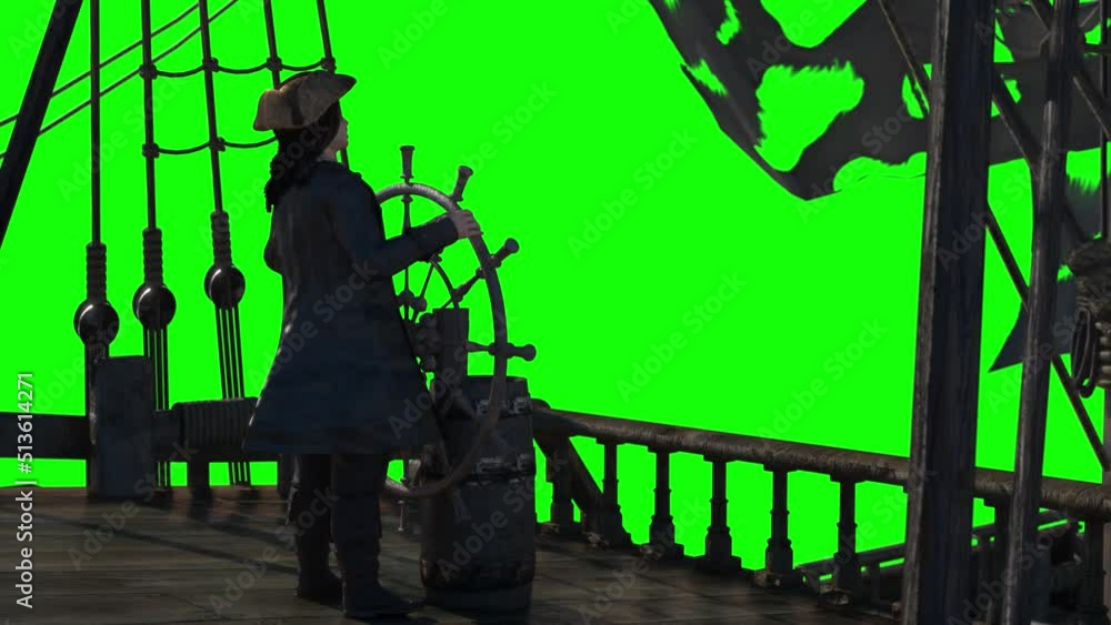 the pirate captain holds the ship's steering wheel and sails across the ...