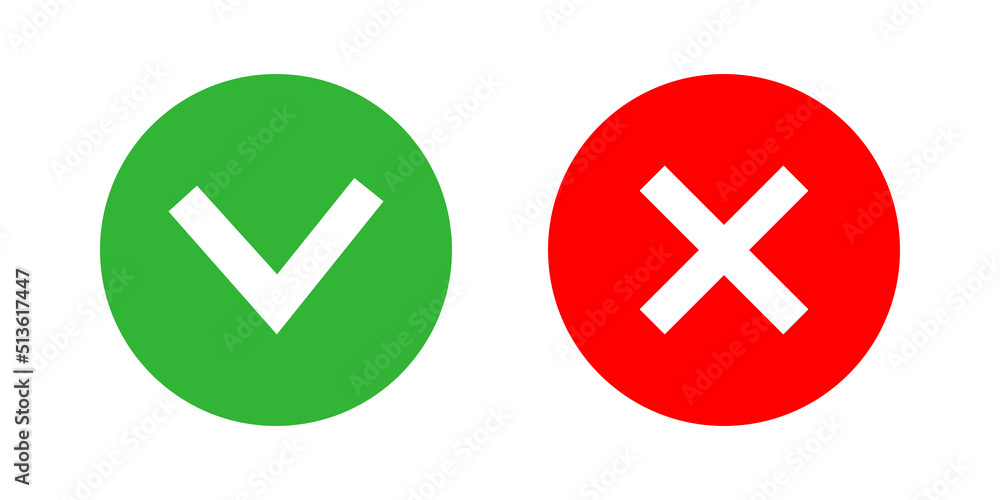 Green check mark and red cross icon.Set of simple icons in flat style: Yes/No, Approved ...