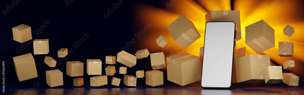 Mobile phone or smartphone with brown cardboard boxes parcel, online ...