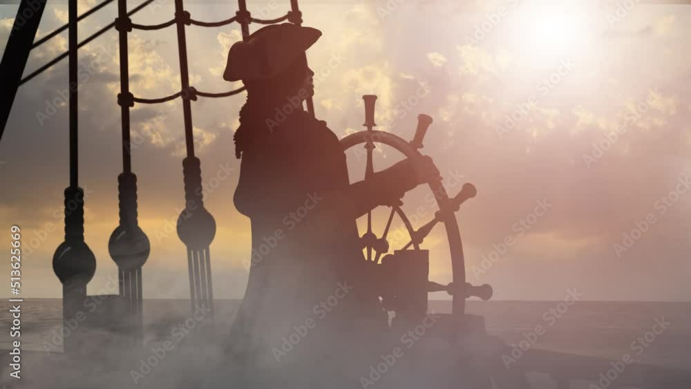 the pirate captain holds the ship's steering wheel and sails across the ...