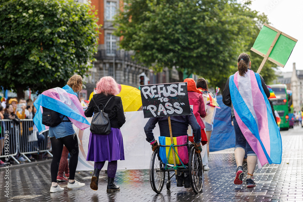 Diverse people are walking on a gay pride parade on the city streets ...