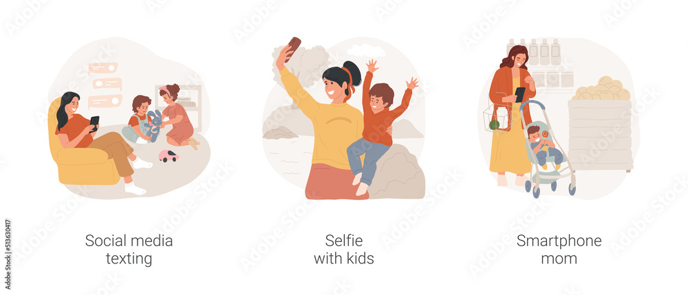 Social media use isolated cartoon vector illustration set. Young mother ...
