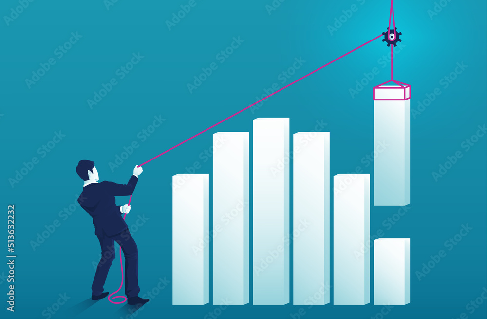 Businessman pull down the business graph with rope and reel. grow chart ...
