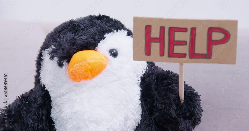 Stuffed penguin toy raises help sign. Protest signs, banner in defense ...