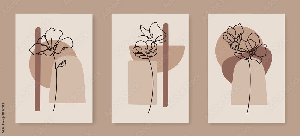 Botanical Wall Art Set with Line Drawing Flowers and Organic Shapes ...