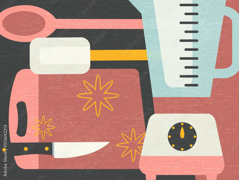 Composite illustration of cooking tools and appliances for food ...
