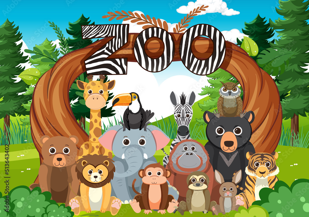 Poster Zoo animals group in flat cartoon style – Muurposter | Europosters