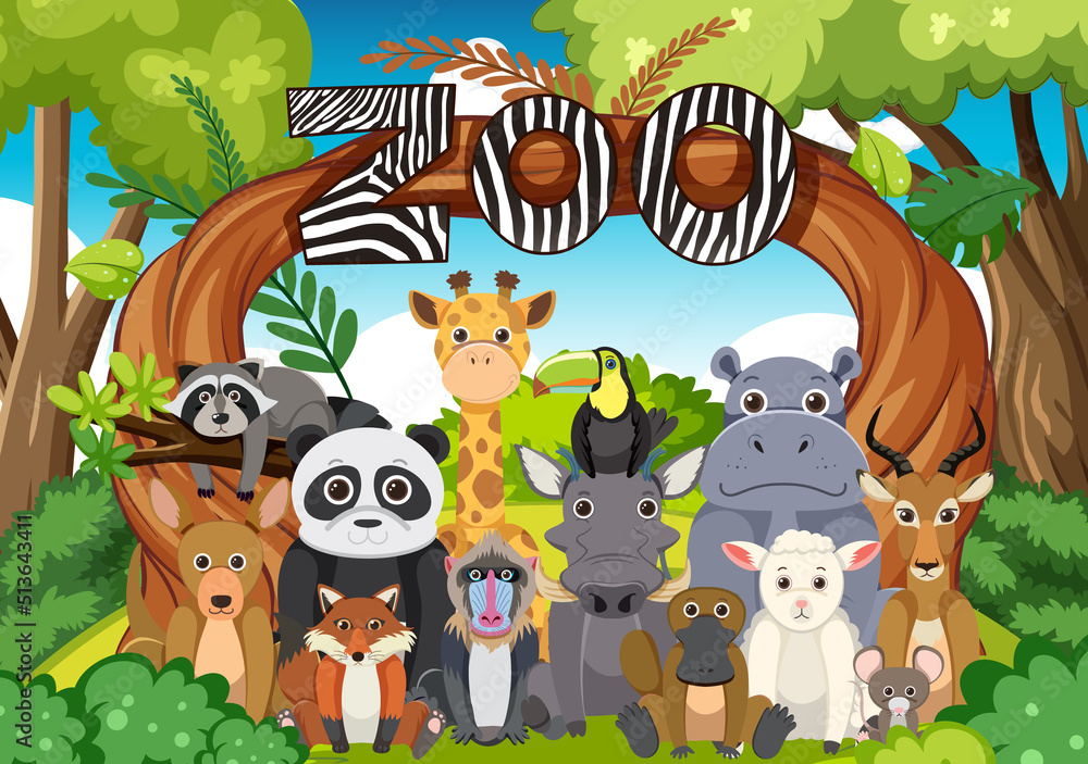 Zoo animals group in flat cartoon style Stock Vector | Adobe Stock