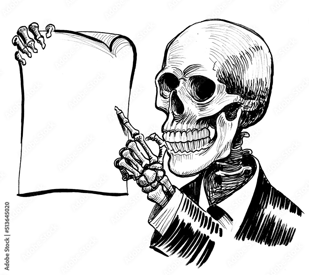 Skeleton pointing at blank sheet of paper. Ink black and white drawing ...