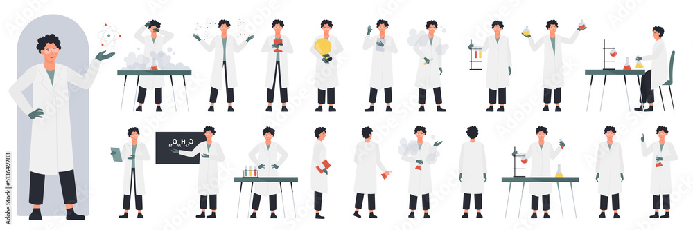 Scientist character in research poses, side, front and back view set ...