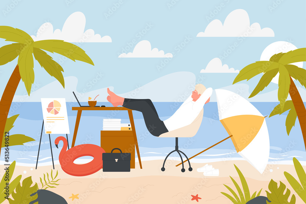 Beach rest satisfied boss or manager vector illustration. Cartoon ...