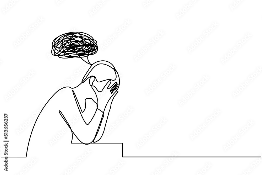 Continuous one line drawing of a confused man worried about mental ...
