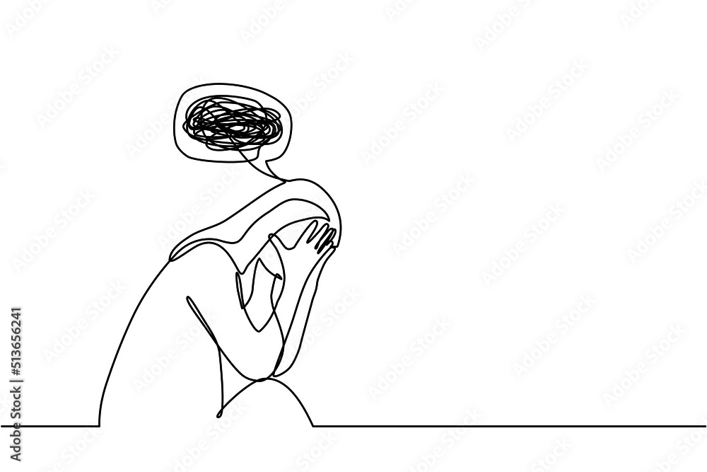 Continuous one-line drawing of a confused woman worried about mental ...