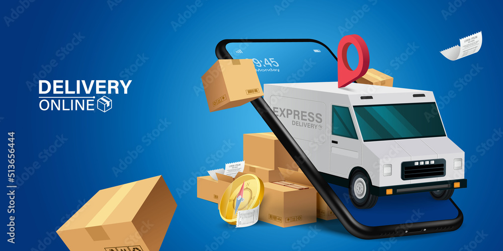Parcel tracking app. delivery truck with cargo box is on a mobile phone ...