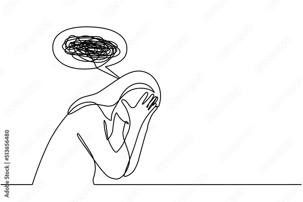Continuous one-line drawing of a confused woman worried about mental ...