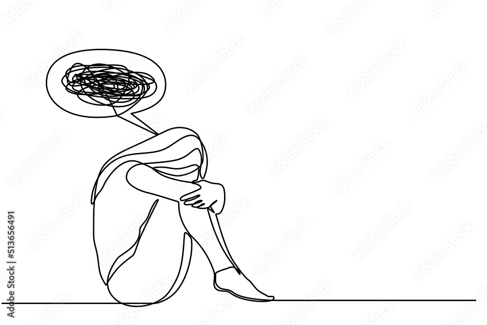 Continuous one-line drawing of a confused woman worried about mental ...