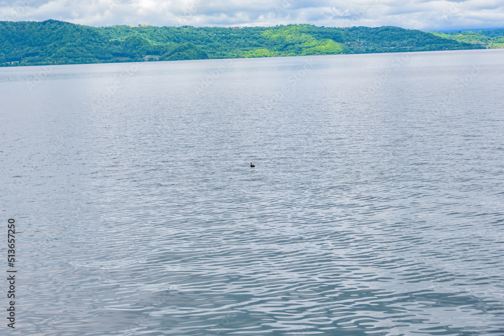 Landscape of the Lake Toya, a volcanic caldera lake in the Shikotsu ...