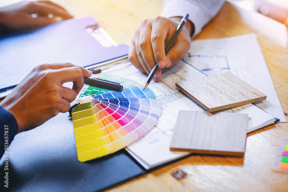 Crop image of Team designer working graphic with color chart and ...
