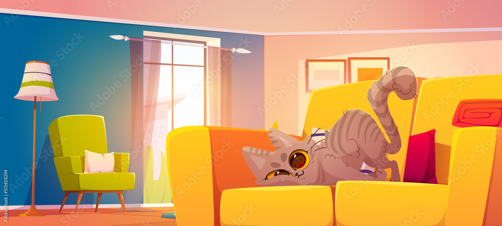 Living room with cute cat rubs against pillow on sofa. Vector cartoon ...